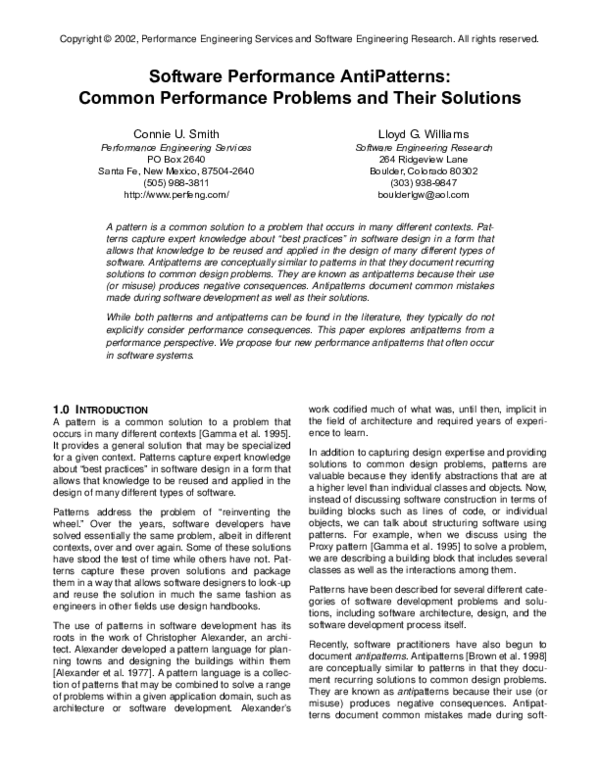(PDF) Software Performance AntiPatterns; Common Performance Problems and their Solutions