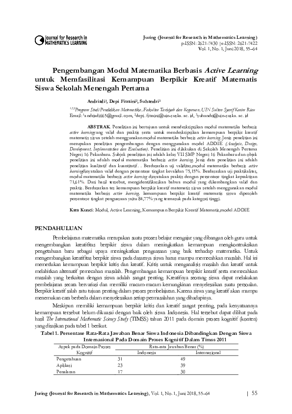 (PDF) Pengembangan Modul Matematika Berbasis Active Learning Untuk Memfasilitasi Kemampuan ...