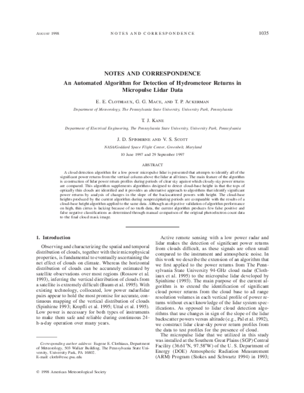 (PDF) Automated Cloud Detection in Lidar Data