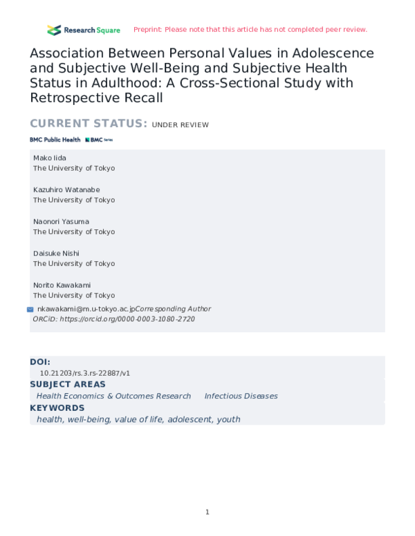 (PDF) Association Between Personal Values in Adolescence and Subjective ...