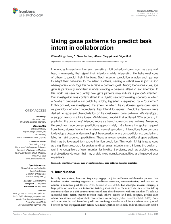 Pdf Using Gaze Patterns To Predict Task Intent In Collaboration