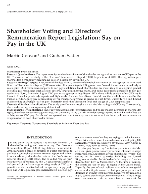 (PDF) Shareholder Voting and Directors’ Remuneration Report Legislation ...