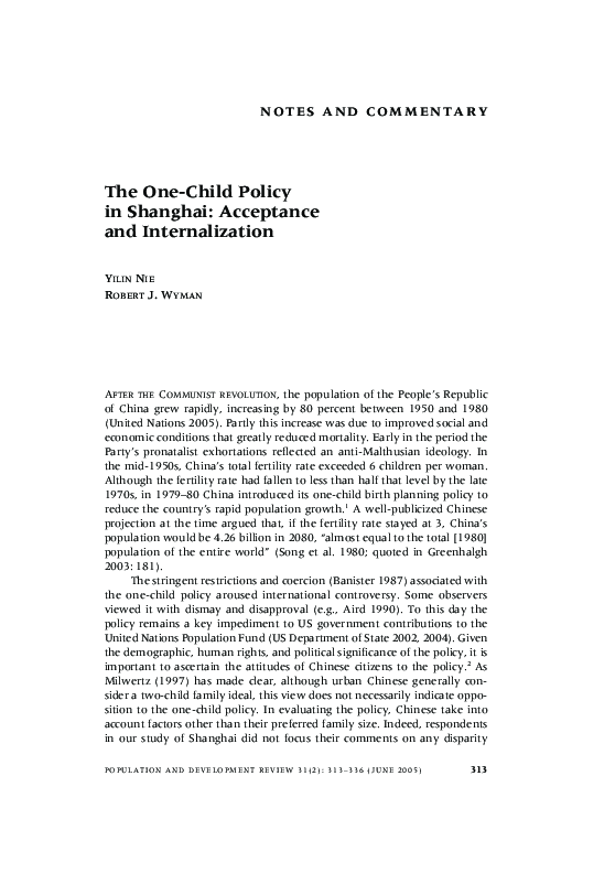 (PDF) The One-Child Policy in Shanghai: Acceptance and Internalization