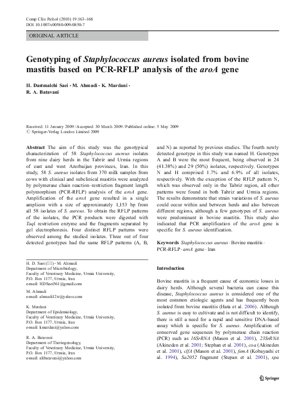 (PDF) Genotyping of Staphylococcus aureus isolated from bovine mastitis based on PCR-RFLP ...