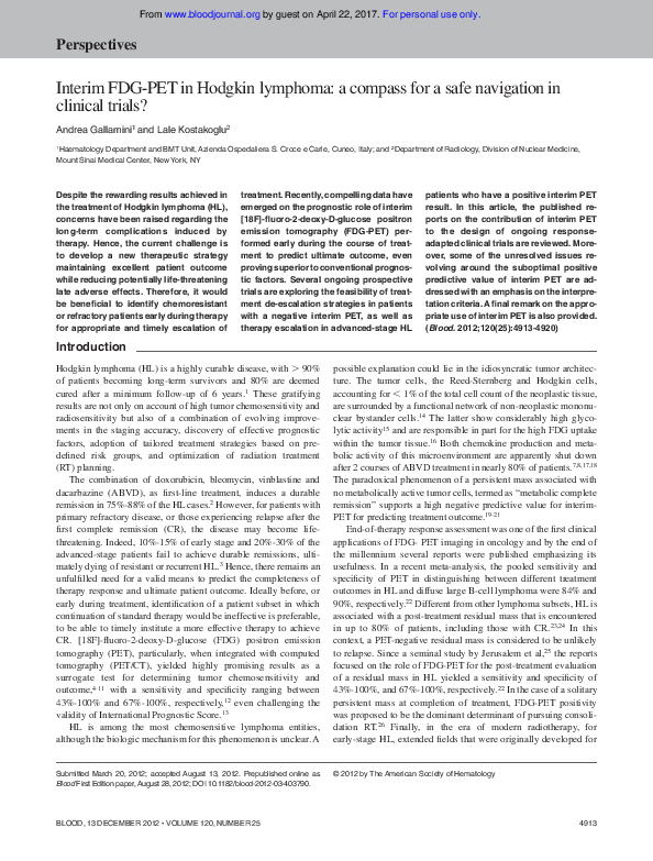 (PDF) Interim FDG-PET in Hodgkin lymphoma: a compass for a safe navigation in clinical trials?