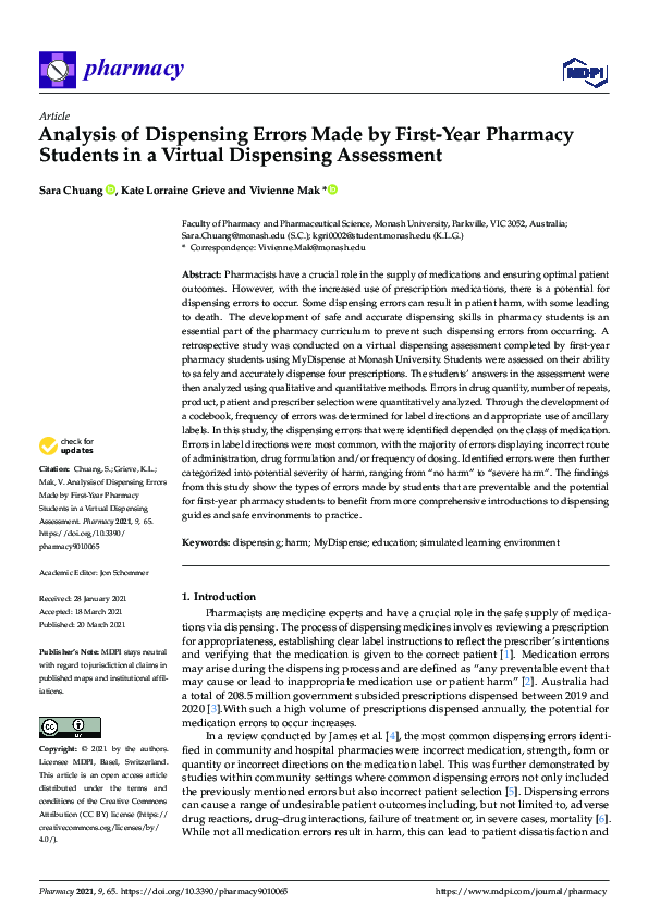 (PDF) Analysis of Dispensing Errors Made by First-Year Pharmacy ...