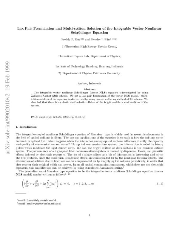 Pdf Lax Pair Formulation And Multi Soliton Solution Of The Integrable Vector Nonlinear