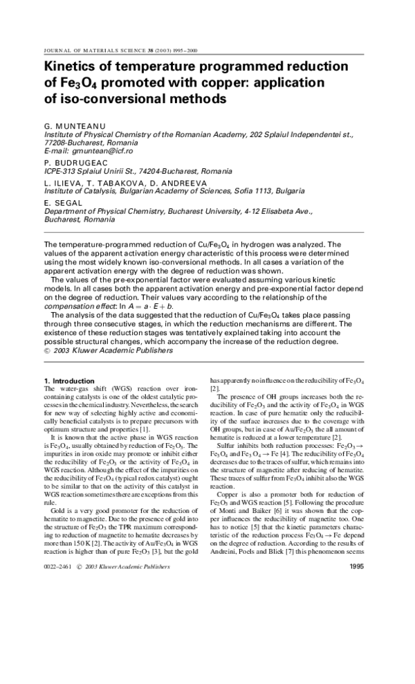 (PDF) Kinetics of temperature programmed reduction of Fe 3 O 4 promoted with copper: application ...