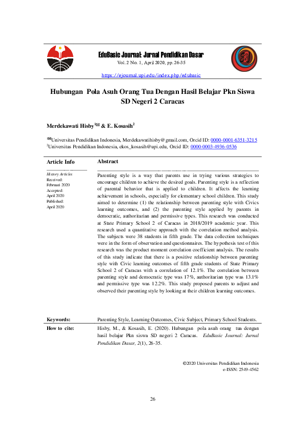 (PDF) Hubungan Pola Asuh Orang Tua Dengan Hasil Belajar Pkn Siswa SD Negeri 2 Caracas