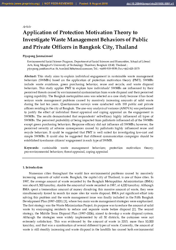 (PDF) Application of Protection Motivation Theory to Investigate Waste ...