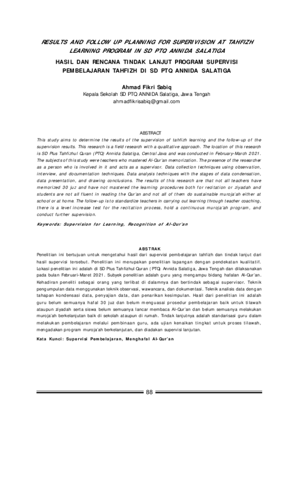 (PDF) Hasil Dan Rencana Tindak Lanjut Program Supervisi Pembelajaran Tahfizh Di SD PTQ Annida ...