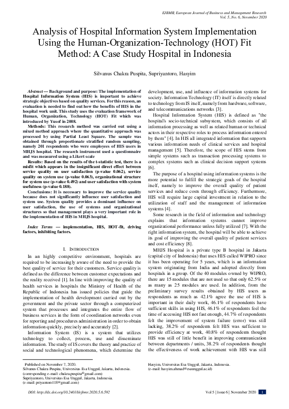 Pdf Analysis Of Hospital Information System Implementation Using The Human Organization