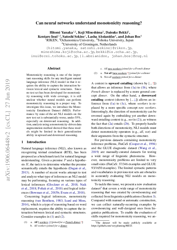 (PDF) Can Neural Networks Understand Monotonicity Reasoning? | Daisuke Bekki - Academia.edu