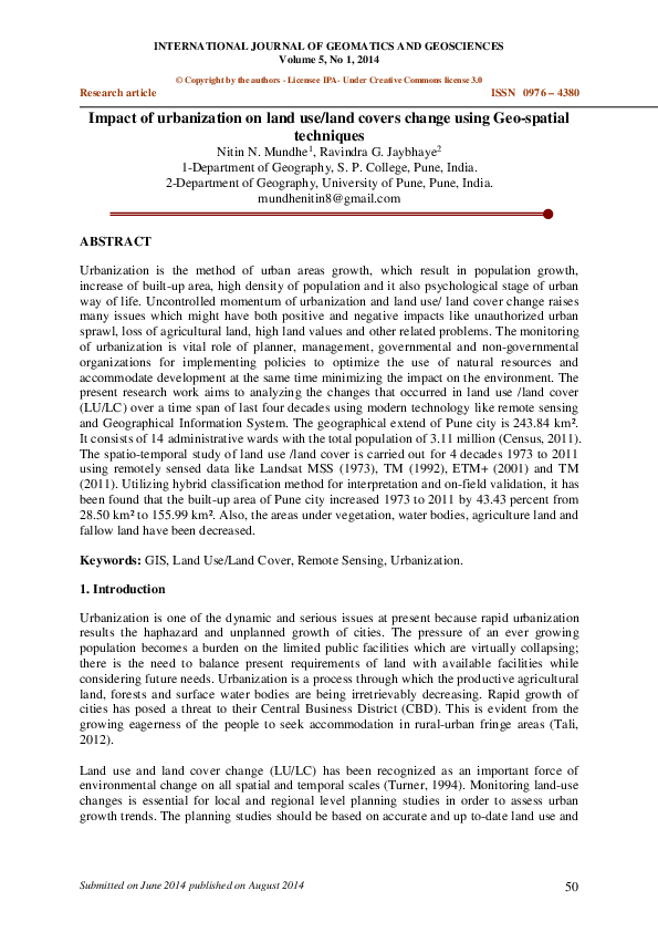 (PDF) Impact of urbanization on land use/land covers change using Geo ...