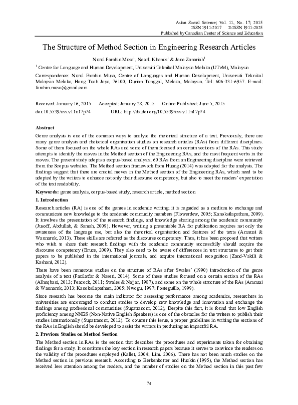 (PDF) The Structure of Method Section in Engineering Research Articles