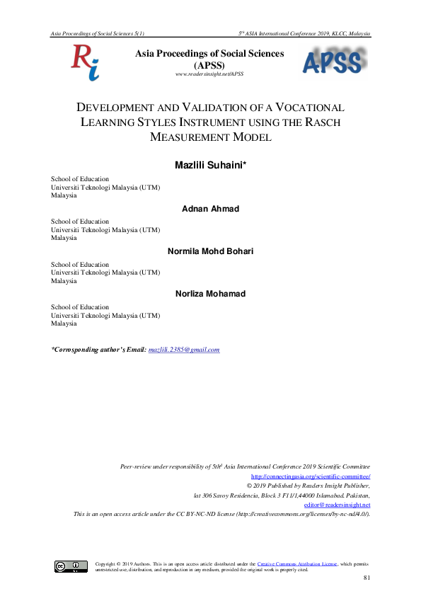 (PDF) Development and Validation of a Vocational Learning Styles Instrument Using the Rasch ...