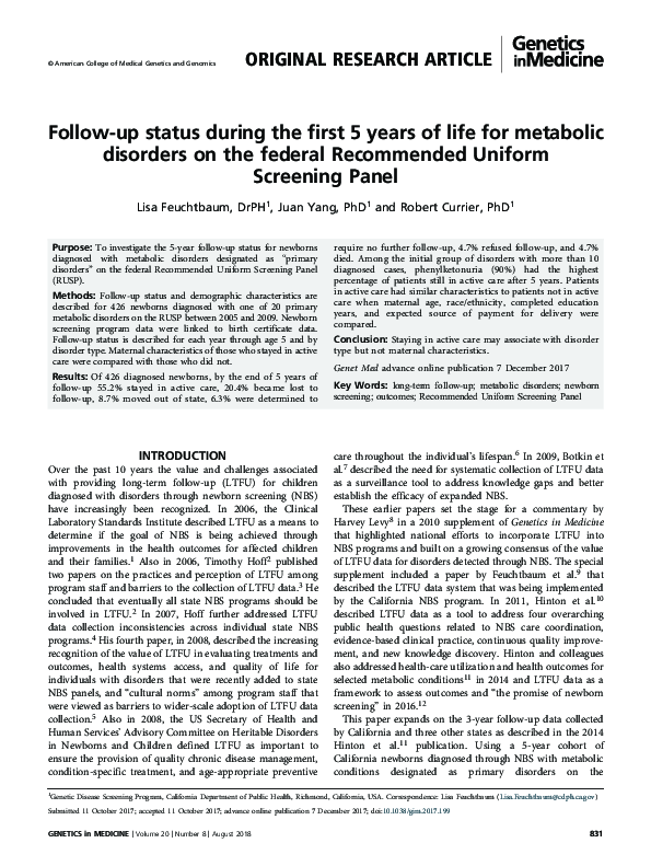 (PDF) Follow-up status during the first 5 years of life for metabolic ...