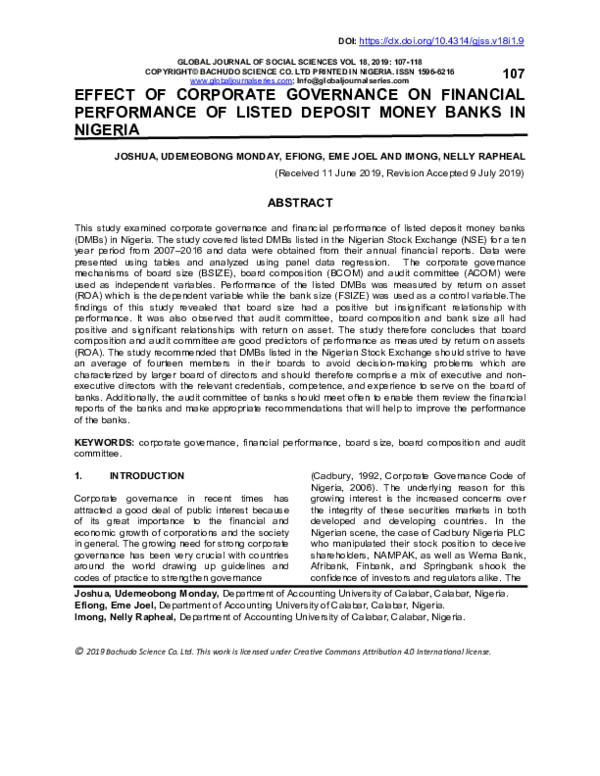 (PDF) Effect of corporate governance on financial performance of listed deposit money banks in ...