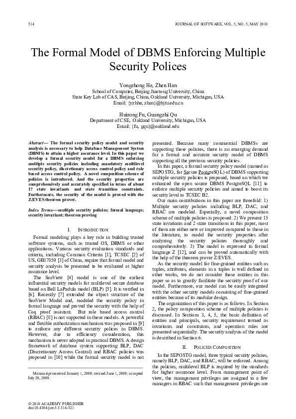 (PDF) The Formal Model of DBMS Enforcing Multiple Security Polices