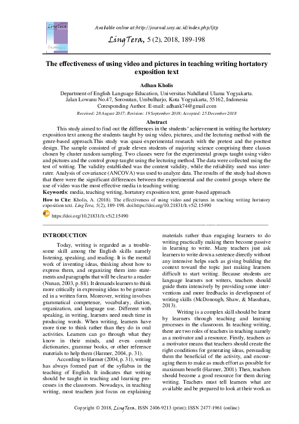 (PDF) The effectiveness of using video and pictures in teaching writing hortatory exposition text