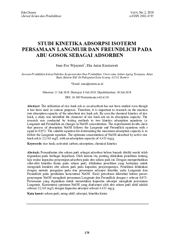 (PDF) Studi Kinetika Adsorpsi Isoterm Persamaan Langmuir dan Freundlich ...