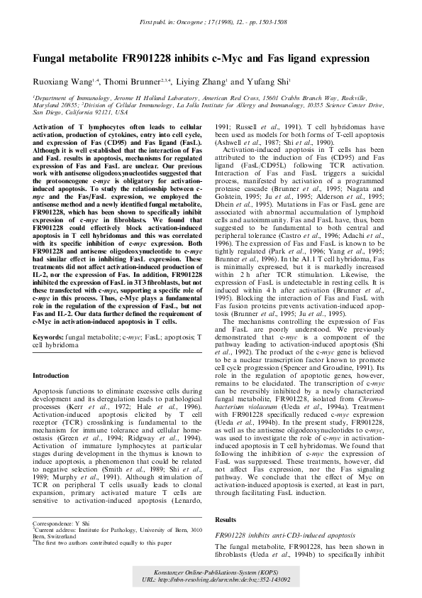 (PDF) Fungal metabolite FR901228 inhibits c-Myc and Fas ligand expression