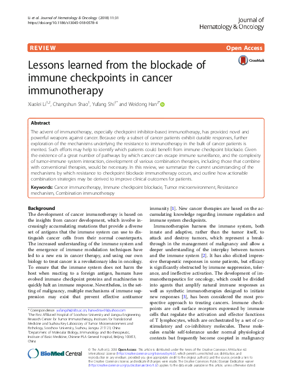 (PDF) Lessons learned from the blockade of immune checkpoints in cancer immunotherapy