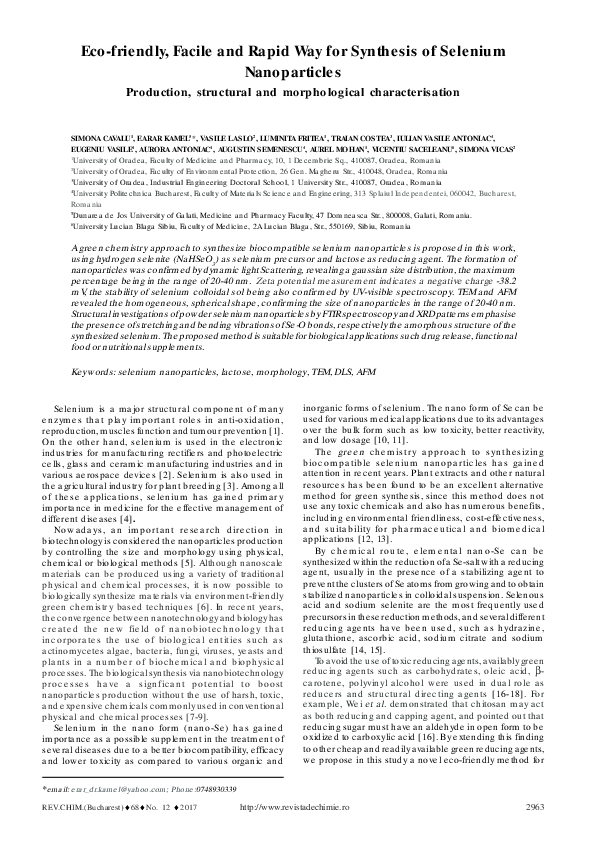 (PDF) Eco-friendly, Facile and Rapid Way for Synthesis of Selenium Nanoparticles Production ...