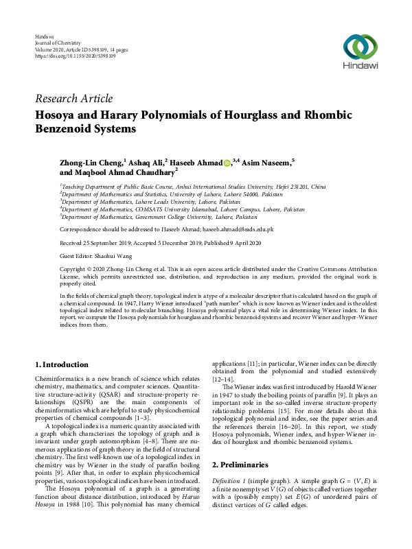 (PDF) Hosoya and Harary Polynomials of Hourglass and Rhombic Benzenoid Systems