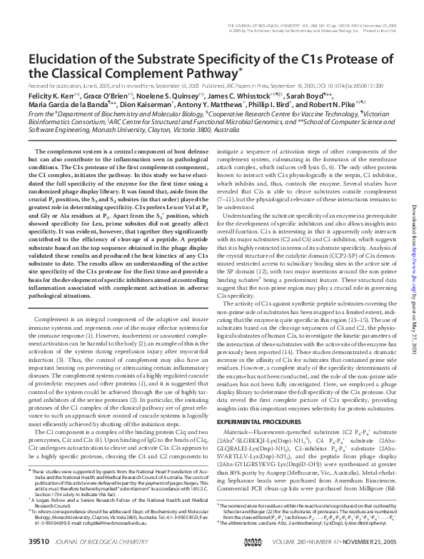 (PDF) Elucidation of the Substrate Specificity of the C1s Protease of ...