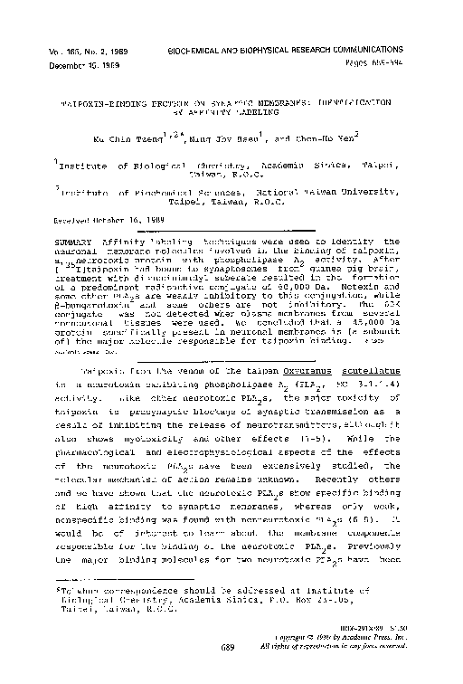 (PDF) Taipoxin-binding protein on synaptic membranes: identification by ...