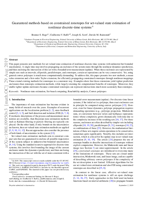 Pdf Guaranteed Methods Based On Constrained Zonotopes For Set Valued State Estimation Of