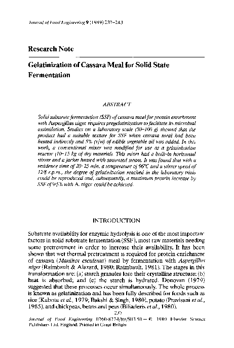 (PDF) Gelatinization of cassava meal for solid state fermentation