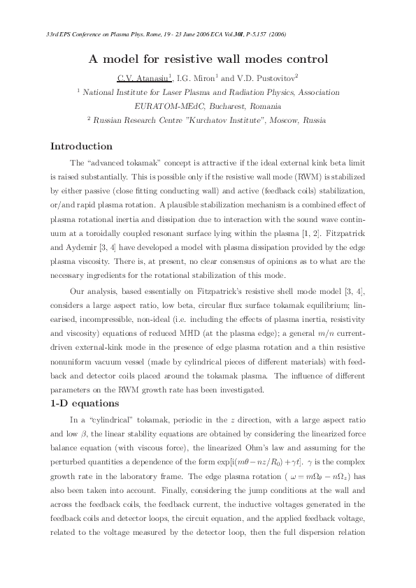 (PDF) A model for resistive wall modes control