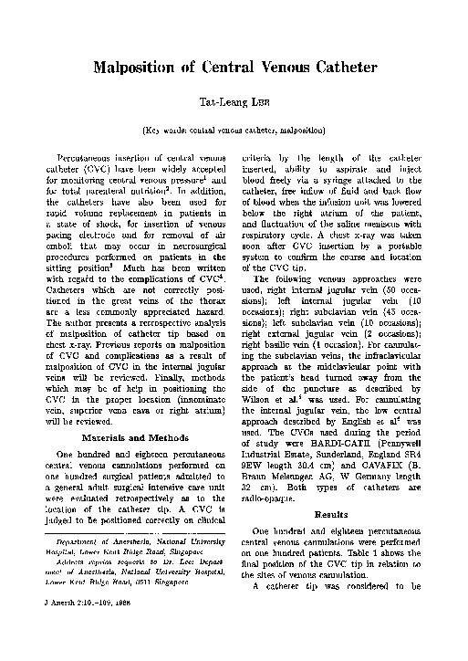 (PDF) Malposition of central venous catheter