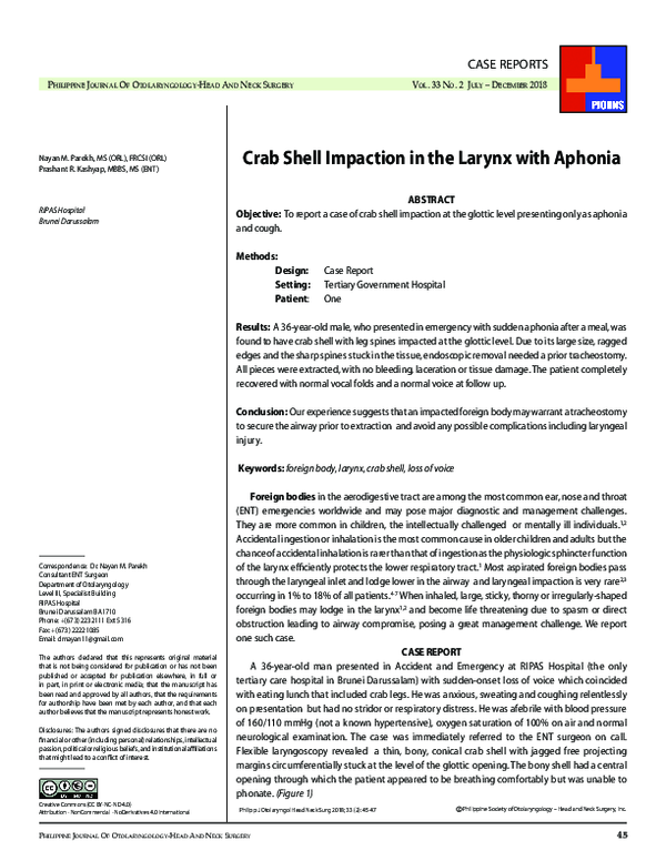 (PDF) Crab Shell Impaction in the Larynx with Aphonia | Nayan Parekh ...