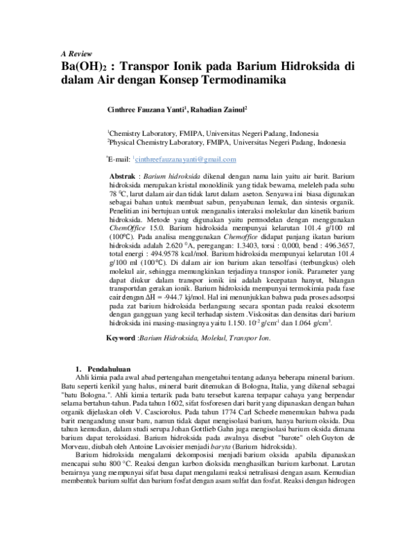 (PDF) A Review Ba(OH)2 : Transpor Ionik pada Barium Hidroksida di dalam ...