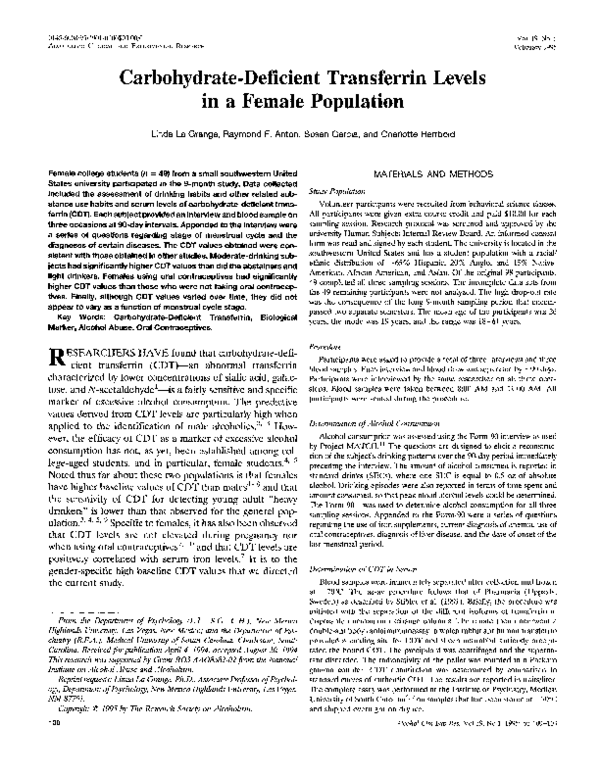 (PDF) Carbohydrate-Deficient Transferrin Levels in a Female Population