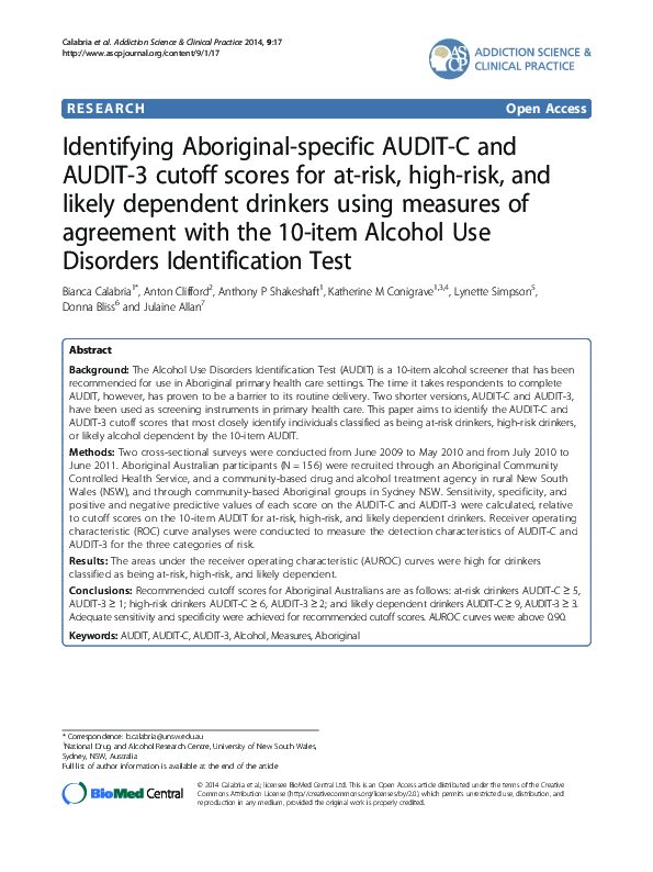 (PDF) Identifying Aboriginal-specific AUDIT-C and AUDIT-3 cutoff scores ...