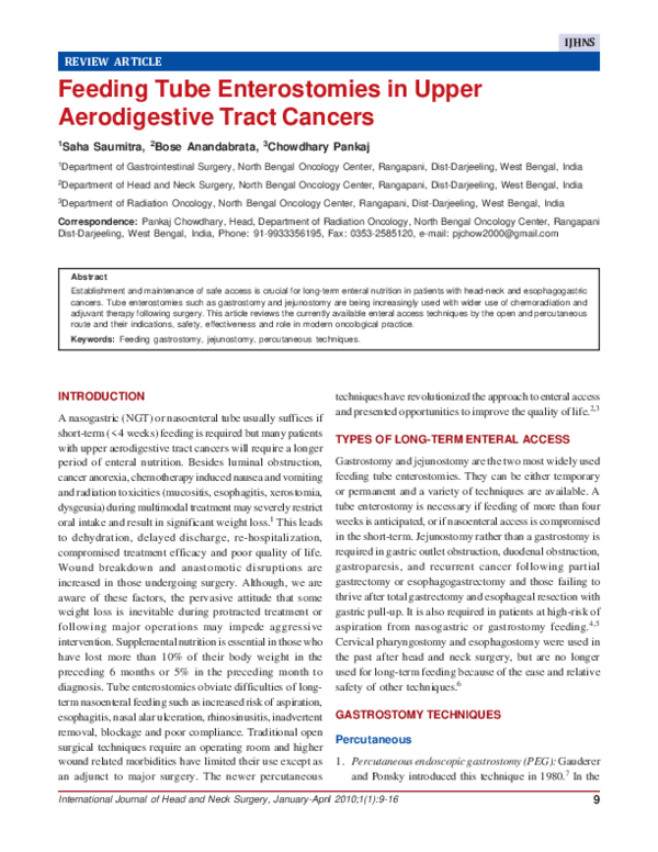 (PDF) Feeding Tube Enterostomies in Upper Aerodigestive Tract Cancers