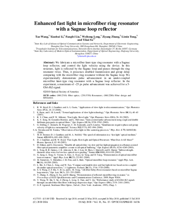 (PDF) Enhanced fast light in microfiber ring resonator with a Sagnac ...