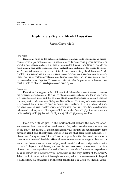 (PDF) Explanatory gap and mental causation | Reena Cheruvalath ...
