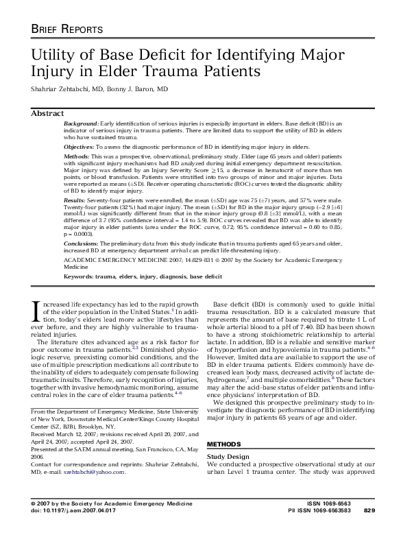(PDF) Utility of Base Deficit for Identifying Major Injury in Elder ...