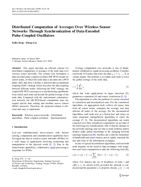 (PDF) Distributed Computation of Averages Over Wireless Sensor Networks Through Synchronization ...