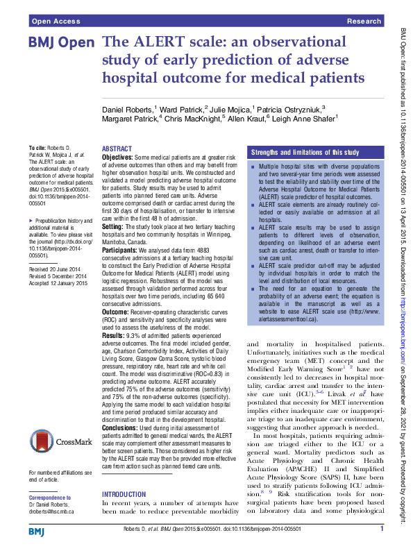 (PDF) The ALERT scale: an observational study of early prediction of ...