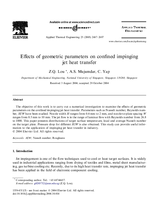 (PDF) Effects of geometric parameters on confined impinging jet heat ...
