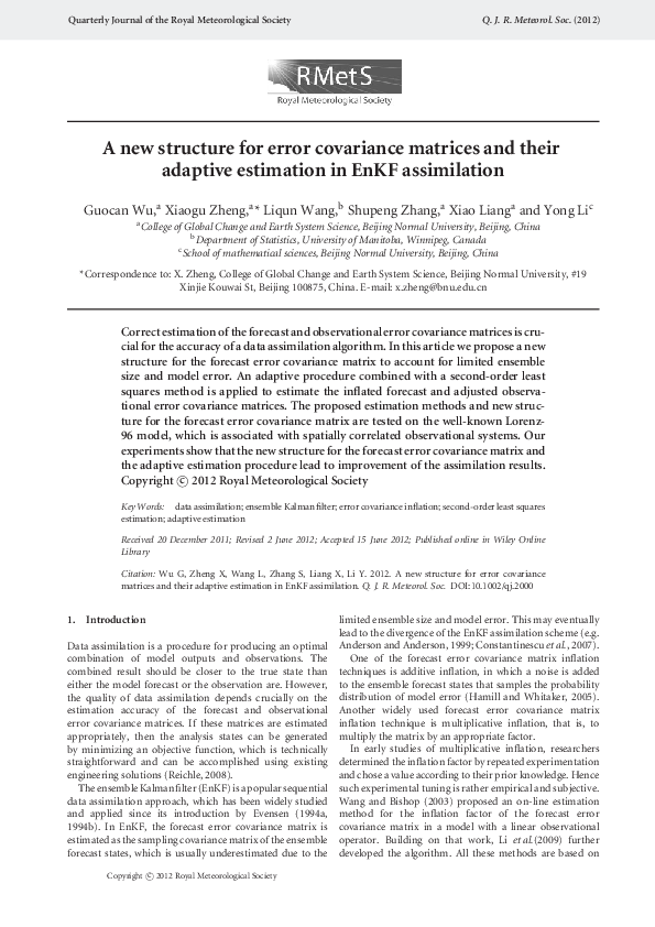Pdf A New Structure For Error Covariance Matrices And Their Adaptive Estimation In Enkf