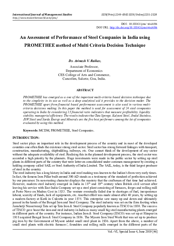 (PDF) An Assessment of Performance of Steel Companies in India using PROMETHEE method of Multi ...