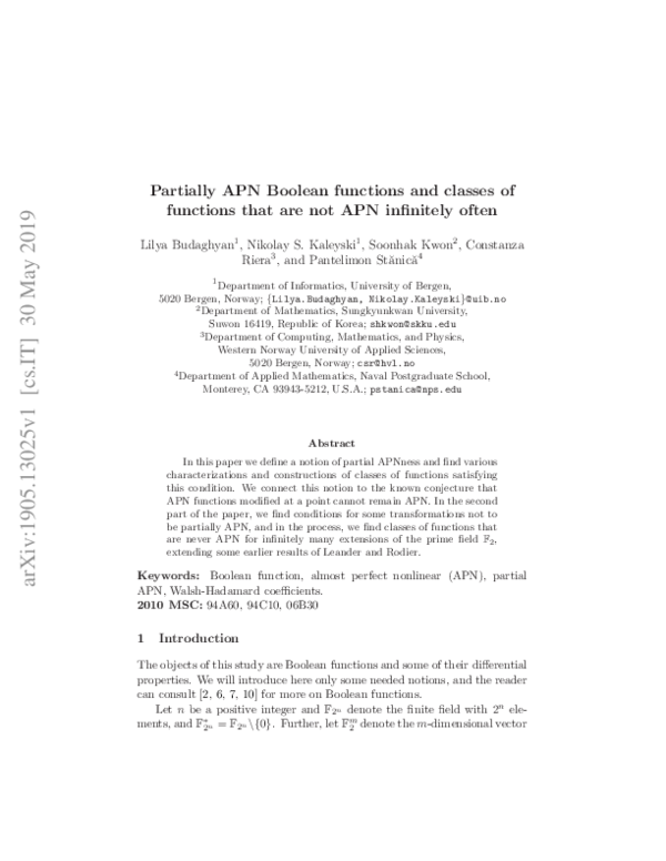 Pdf Partially Apn Boolean Functions And Classes Of Functions That Are Not Apn Infinitely Often