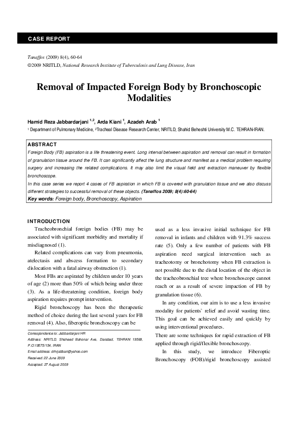 (PDF) Removal of Impacted Foreign Body by Bronchoscopic Modalities ...